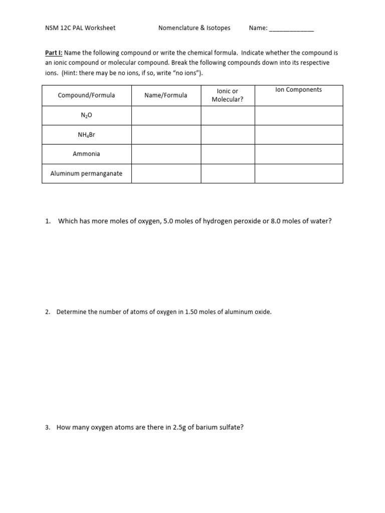 W 2. Worksheet 2. Nomenclature, Moles To Mass, and Isotopes | PDF ...