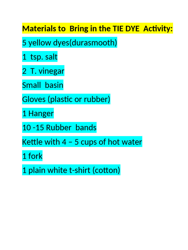 Materials To Bring in The TIE DYE Activity | PDF