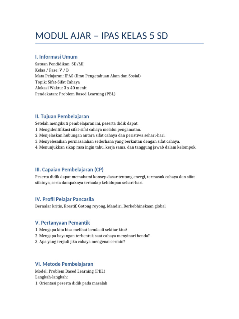 Modul Ajar IPAS Kelas 5 Sifat Cahaya PBL | PDF