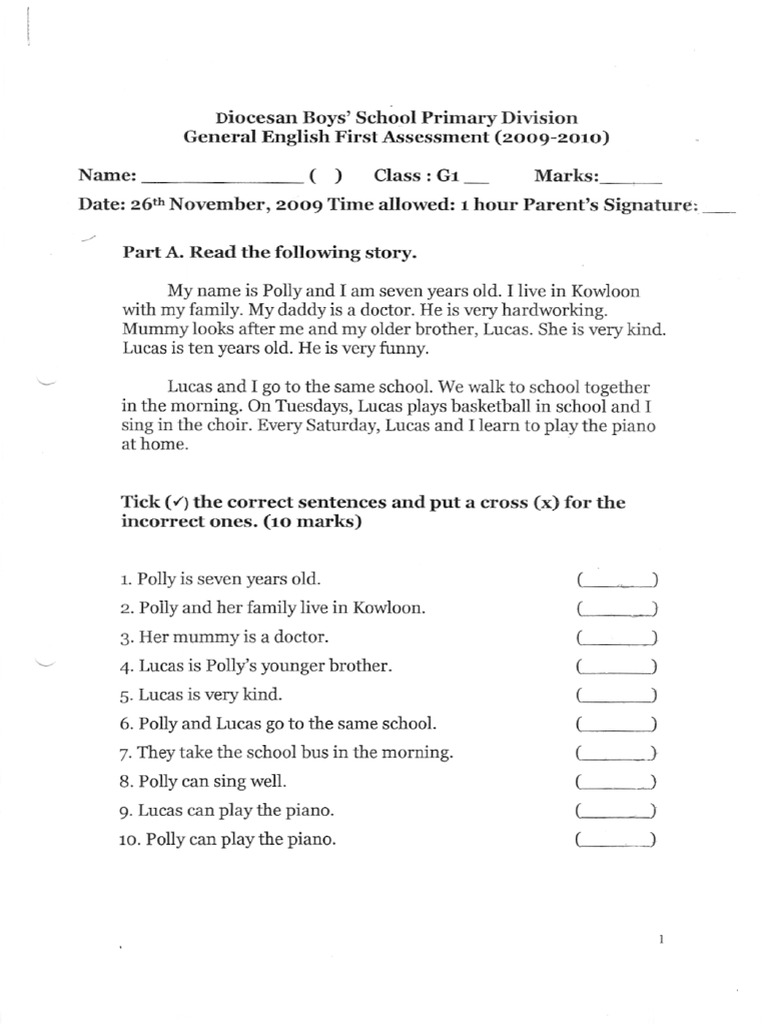 2009-2010 Grade 1 General English 1st Assessment | PDF