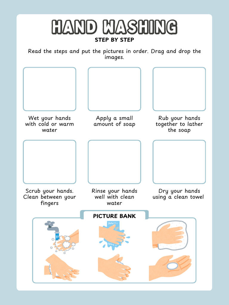 Hand Washing Tutorial Digital Worksheet in Blue Illustrative Style | PDF