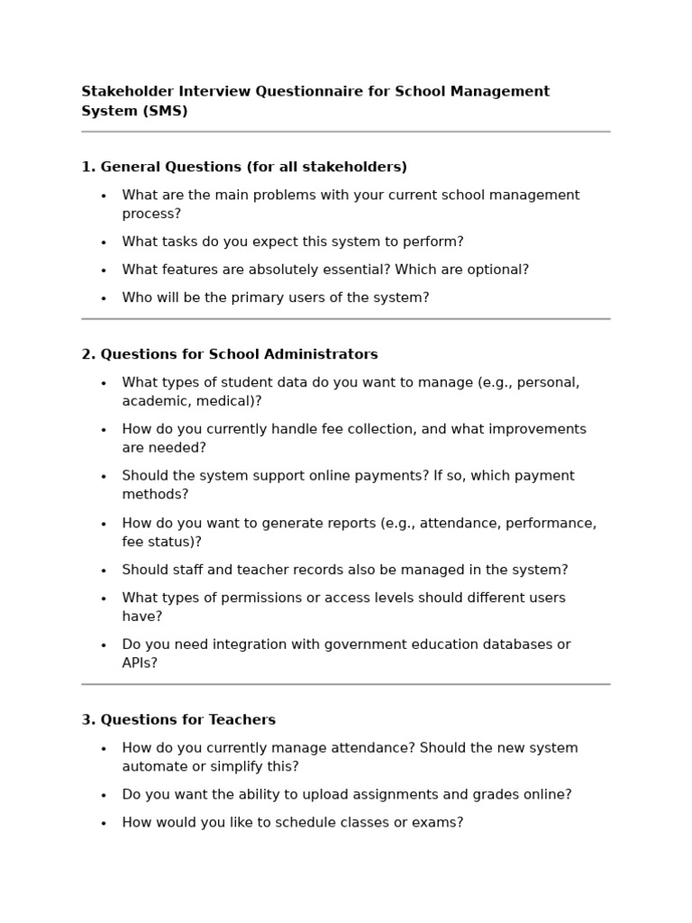 Stakeholder Interview Questionnaire For School Management System | PDF ...