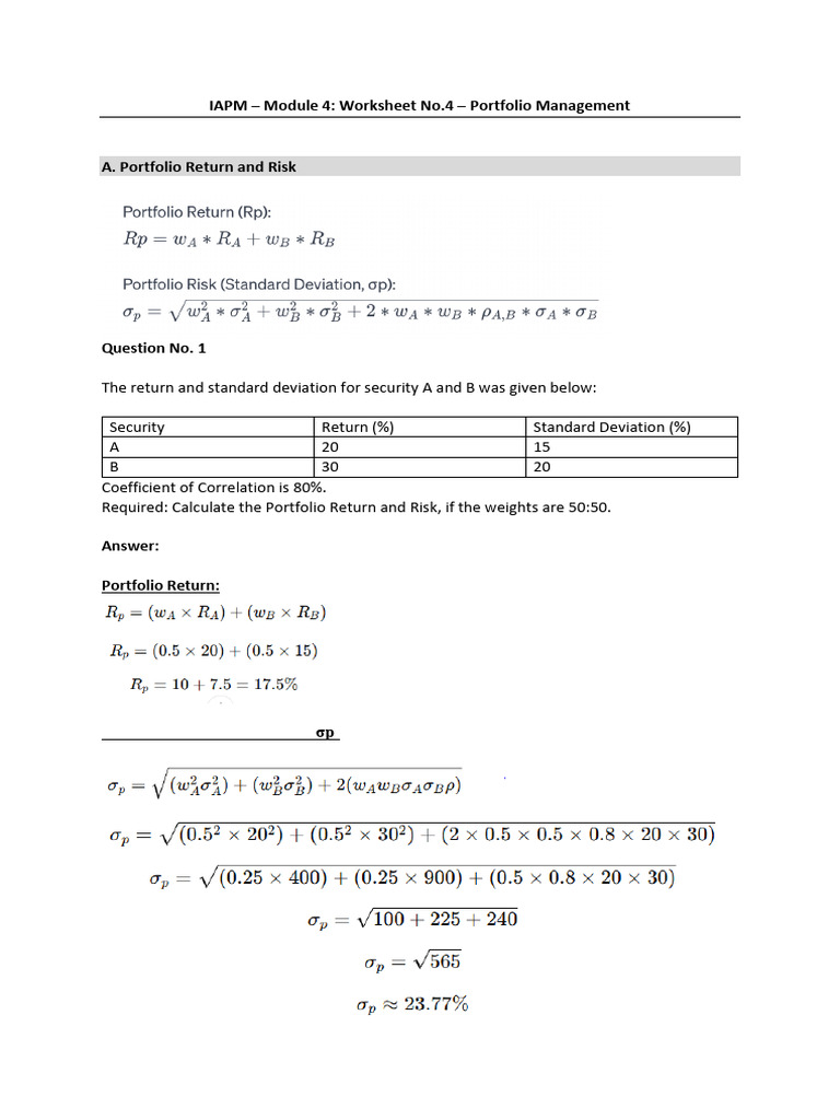 IAPM Module 5 Worksheet and Solutions | PDF | Modern Portfolio Theory | Diversification (Finance)
