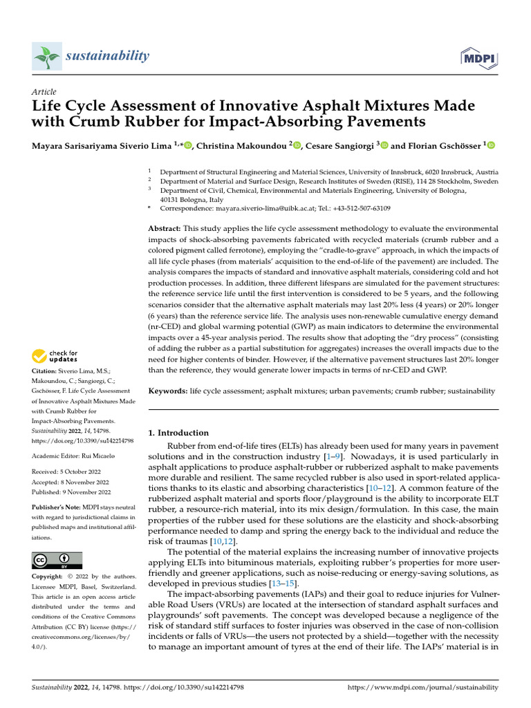 Life Cycle Assessment of Crumb Rubber Asphalt | PDF | Road Surface ...
