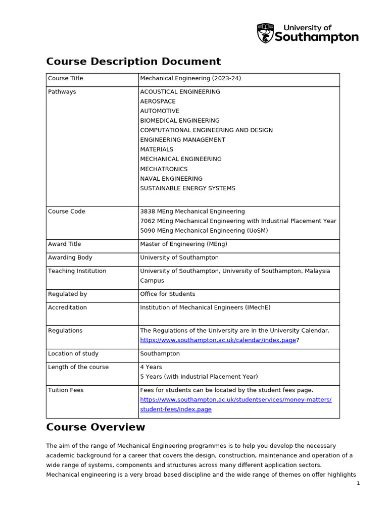 MEng Mechanical Engineering Overview | PDF | Mechanical Engineering ...