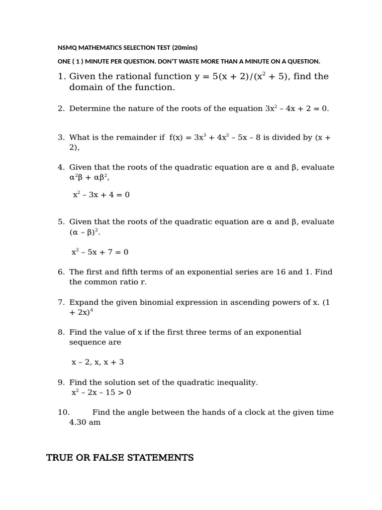 NSMQ Mathematics Selection Test Guide | PDF | Factorization | Function ...