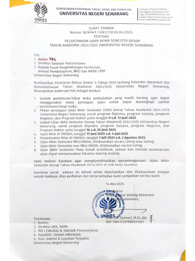Surat Edaran - Uas Genap 2024 2025 | PDF