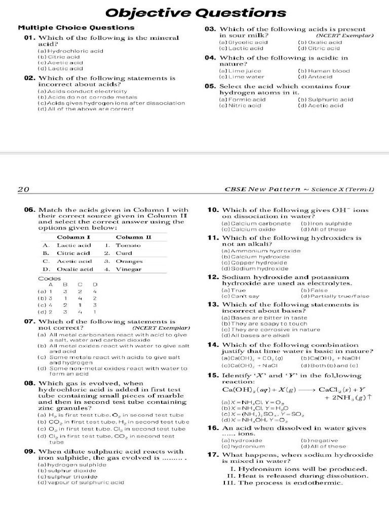 Class 10 CH 2 Objectives | PDF | Hydroxide | Acid
