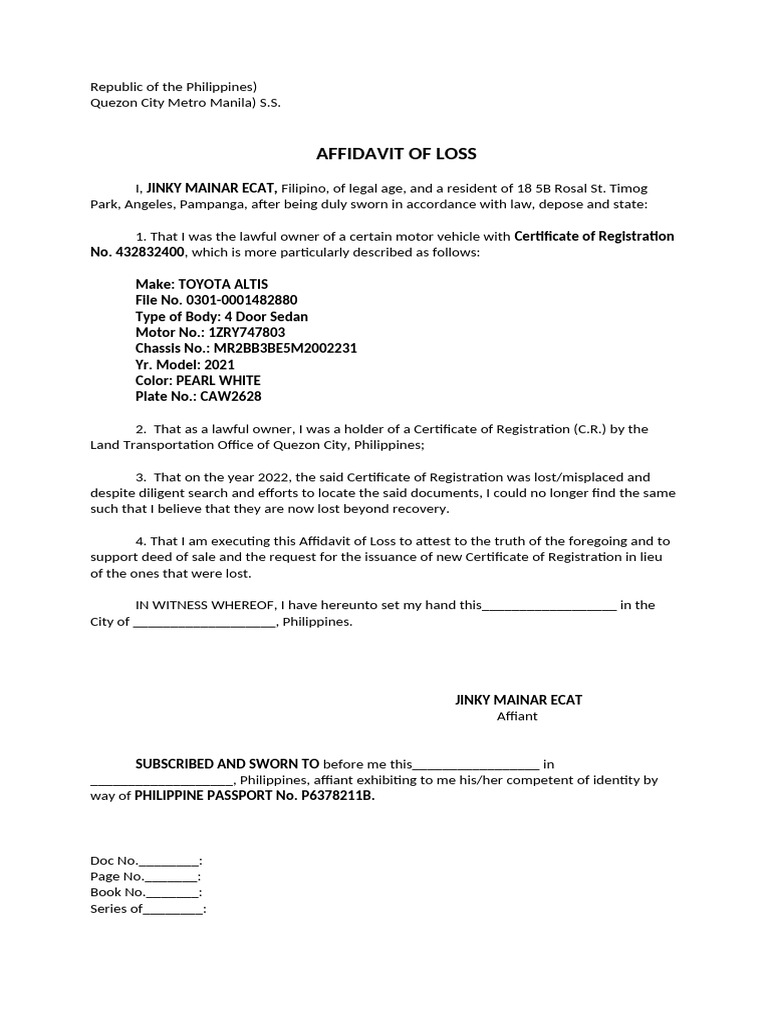 Affidavit of Loss Certificate of Registration Clemente | PDF