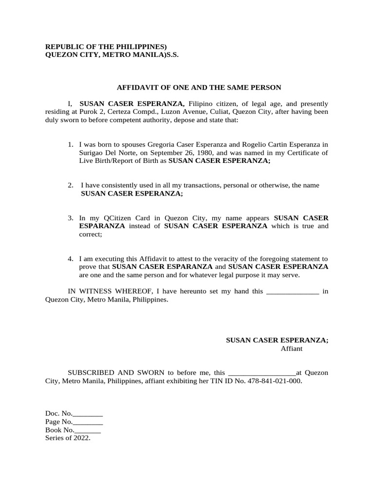 Affidavit of One and The Same Person - Susan Caser Esperanza | PDF