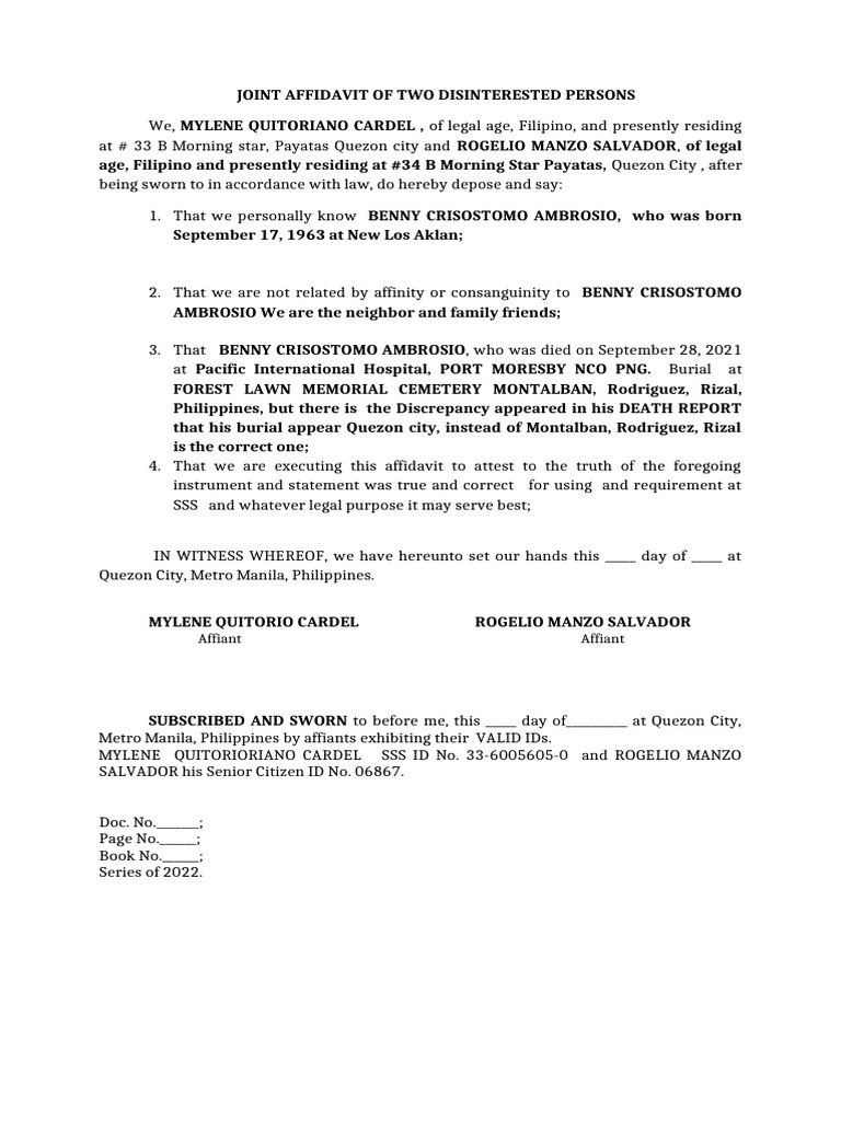 JOINT AFFIDAVIt of Two (2 Mylene Cardel | PDF