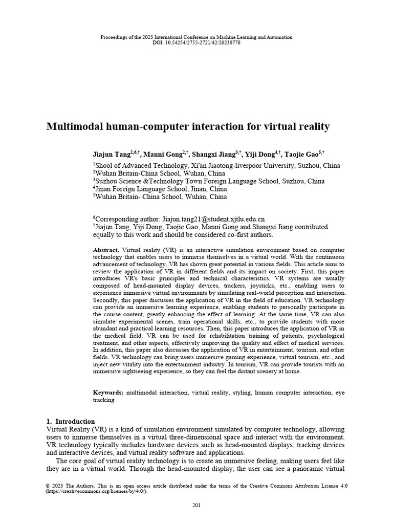 Multimodal Human-Computer Interaction For Virtual | PDF | Virtual Reality | Human–Computer ...
