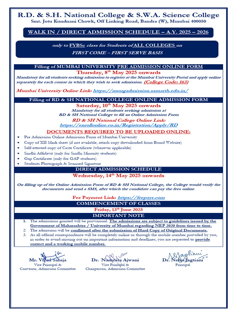 Fybsc Walk in - Direct Admission Schedule - A.Y. 2025 - 2026 | PDF