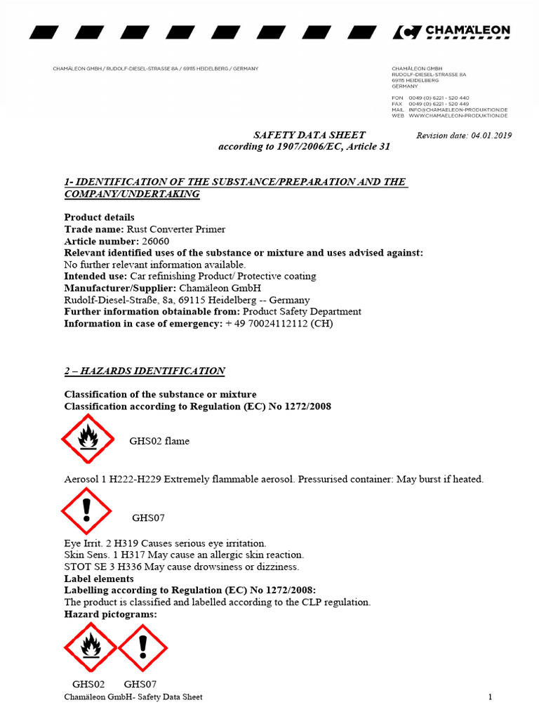 Rust Converter Primer Safety Data Sheet | PDF | Materials | Chemistry