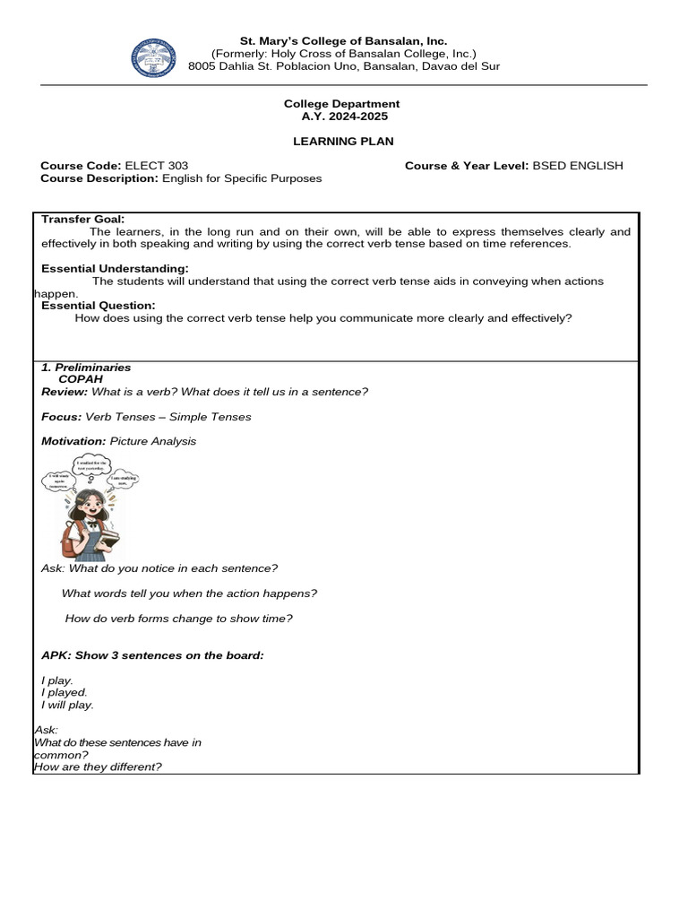 Checked - GROUP-2-LEARNING-PLAN (REVISED) | PDF | Grammatical Tense | Verb