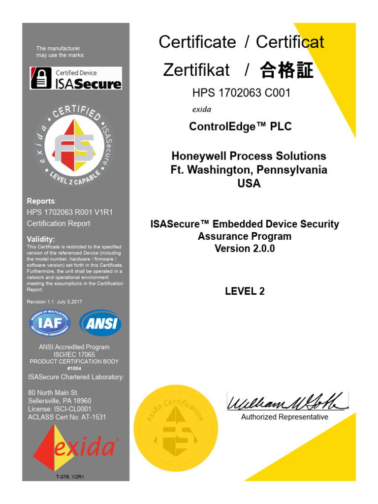 ISASecure Level 2 Certification for ControlEdge™ 900 | PDF