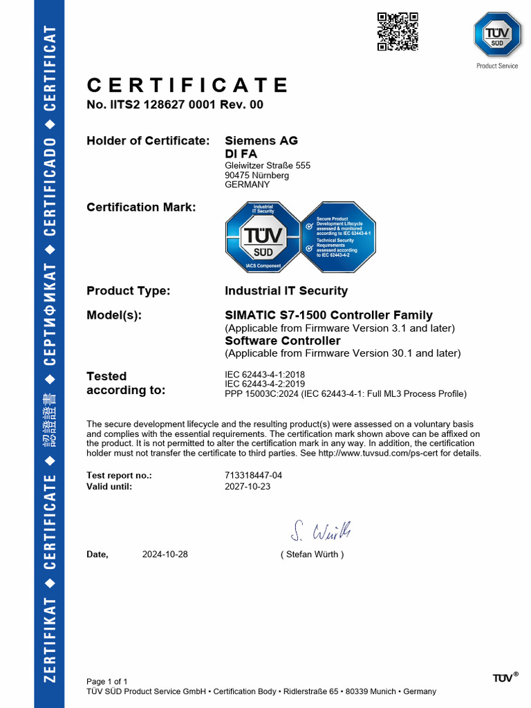 Certificate IEC 62443 4 2 SIMATIC S7 1500 | PDF