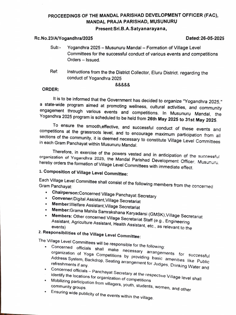 Yogaandhra 2025 Village Committee Proceedings of Musunuru Mandal | PDF
