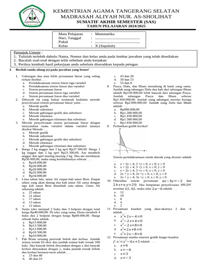 Soal Mtk Kelas 10 Sas Genap_hilda | PDF