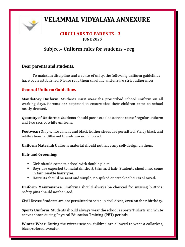 Velammal Vidyalaya Uniform Guidelines | PDF