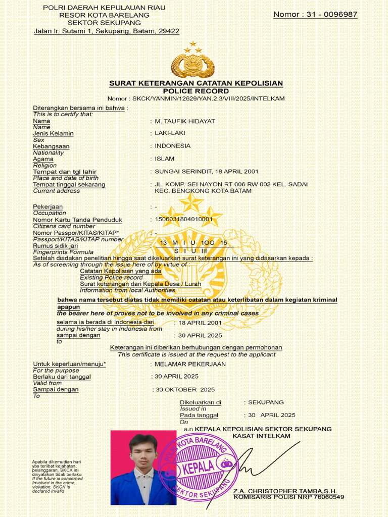 SKCK M. Taufik Hidayat | PDF