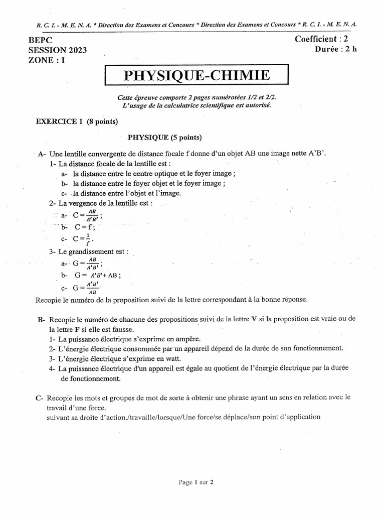 Cote D'ivoire Bepc 2023 Physique Chimie Zone 1 | PDF