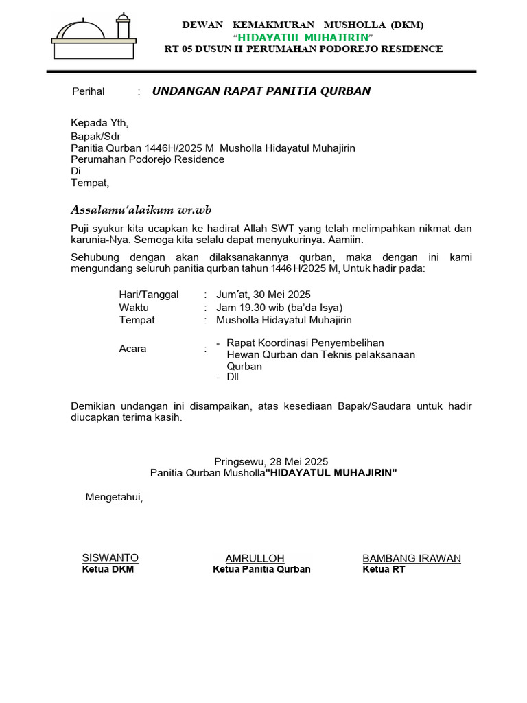 Undangan Rapat Panitia Qurban 2025 | PDF
