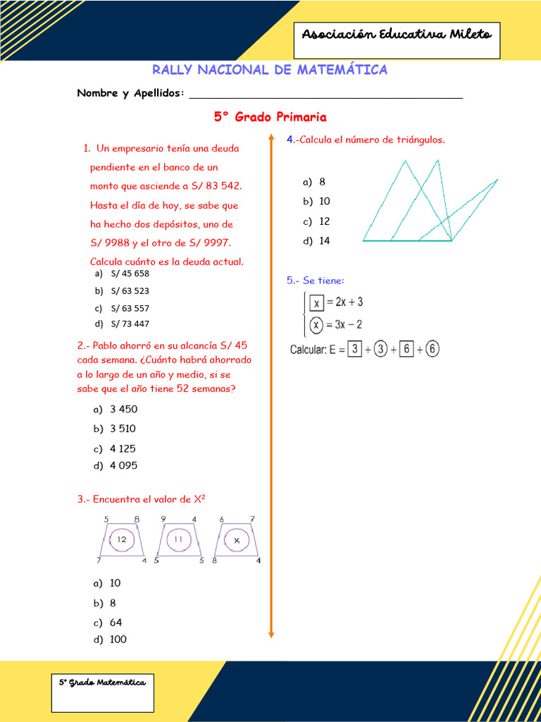 Problemas Matemáticos 5° Grado | PDF
