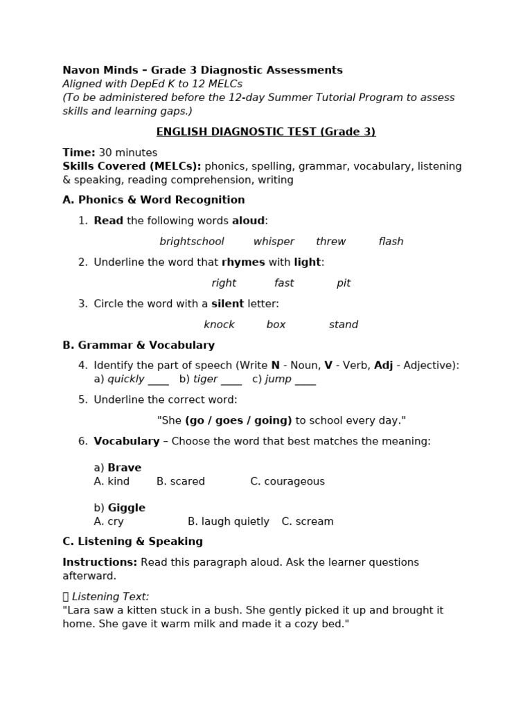 Grade 3 Diagnostic Assessments Guide | PDF | Phonics | Reading ...