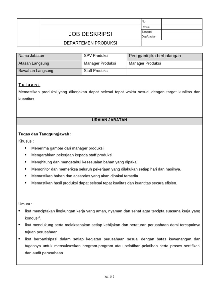 JD - SPV Produksi | PDF