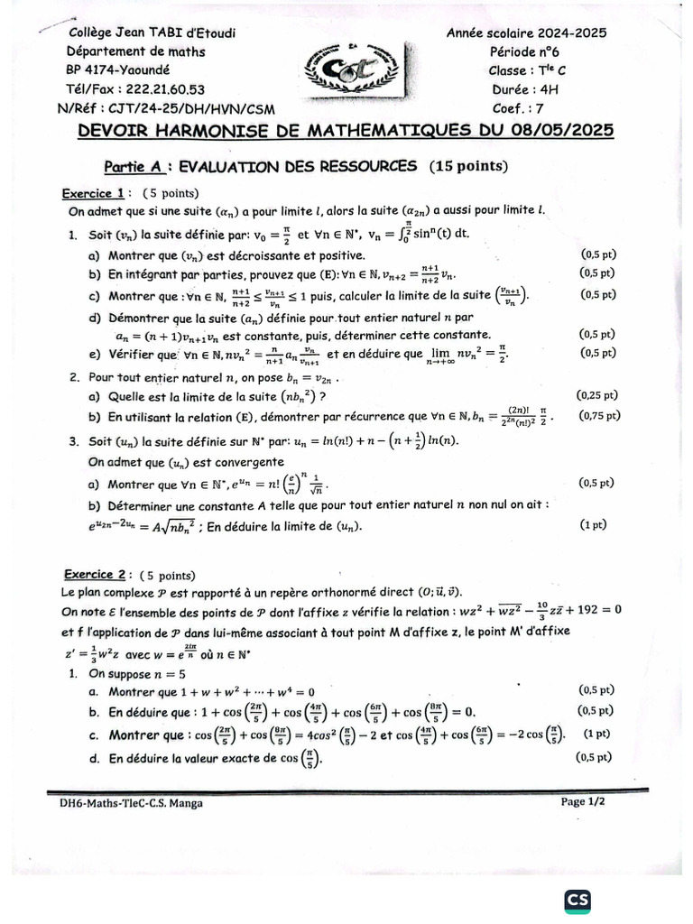 BAC Blanc 2025 - Tle C Maths - Jean TABI | PDF