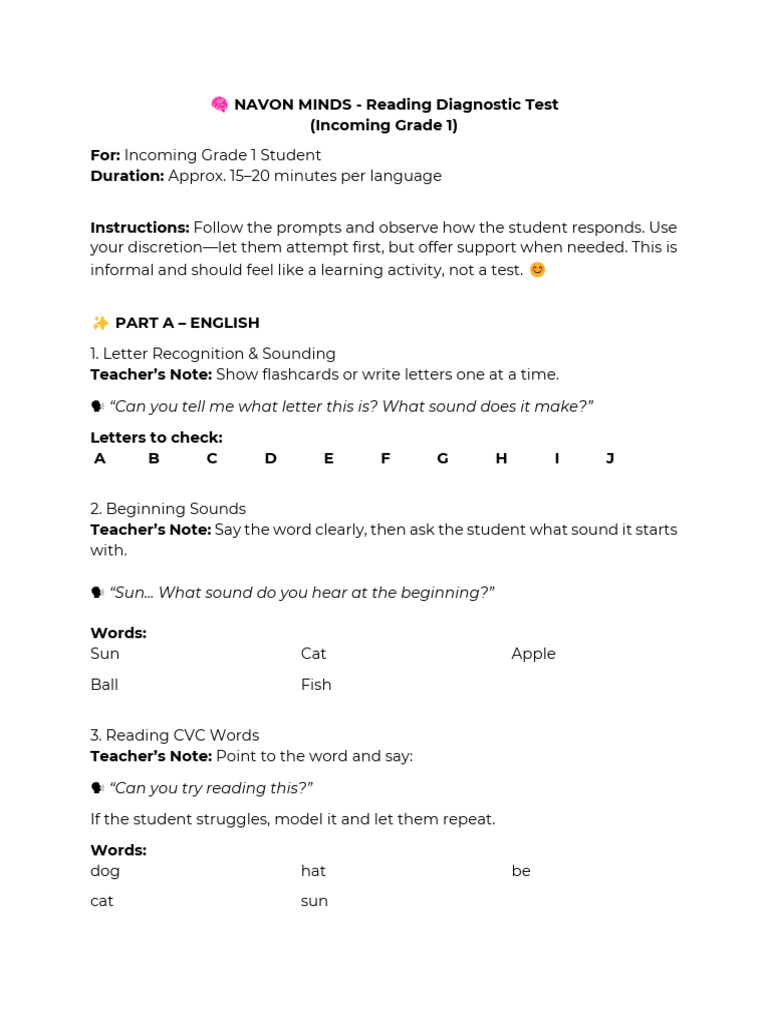 Diagnostic Test - Incoming Grade I | PDF | Learning | Cognition