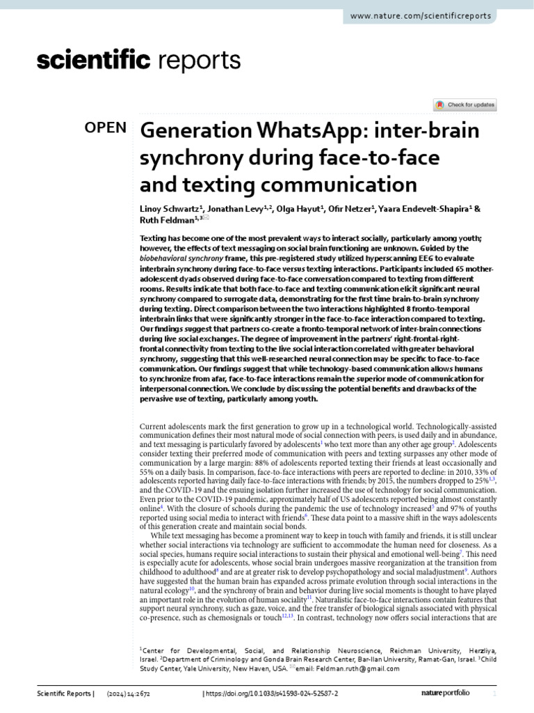 Generation WhatsApp Inter Brain Synchrony During Face To Face and ...