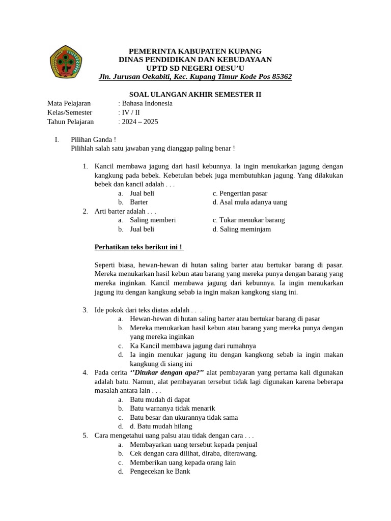 Kisi-Kisi Dan Soal Bindo Kls IV 2025 | PDF