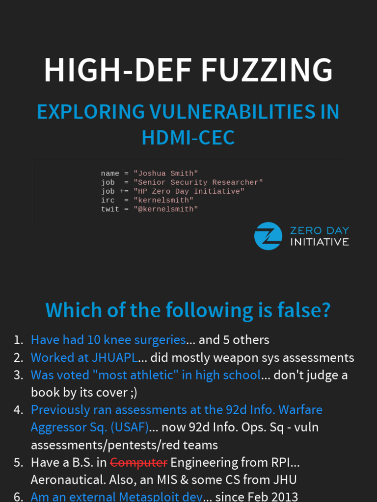 DEF CON 23 Joshua Smith High Def Fuzzing Exploitation Over HDMI CEC UPDATED | PDF | Hdmi ...
