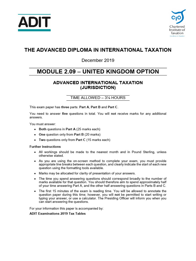 UK Advanced Diploma Tax Exam 2019 | PDF | Taxes | Tax Treaty