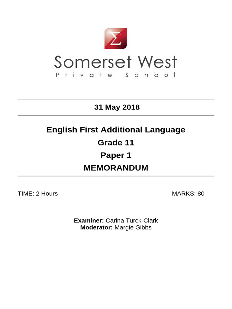 Grade 11 English Paper 1 Memorandum | PDF | Subject (Grammar) | Word