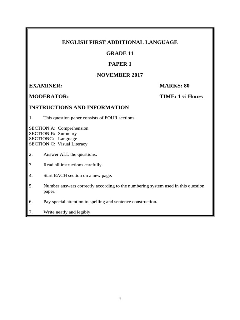 Grade 11 Paper 1 2017 Efal | PDF