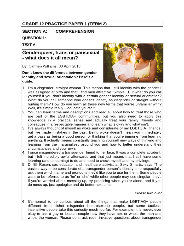 Grade 12 Practice Paper 1 | PDF | Transgender | LGBTQIA+ Studies