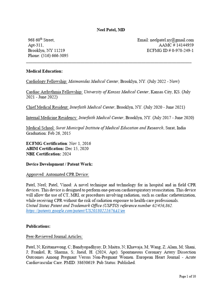 Neel Patel CV | PDF | Percutaneous Coronary Intervention | Cardiology