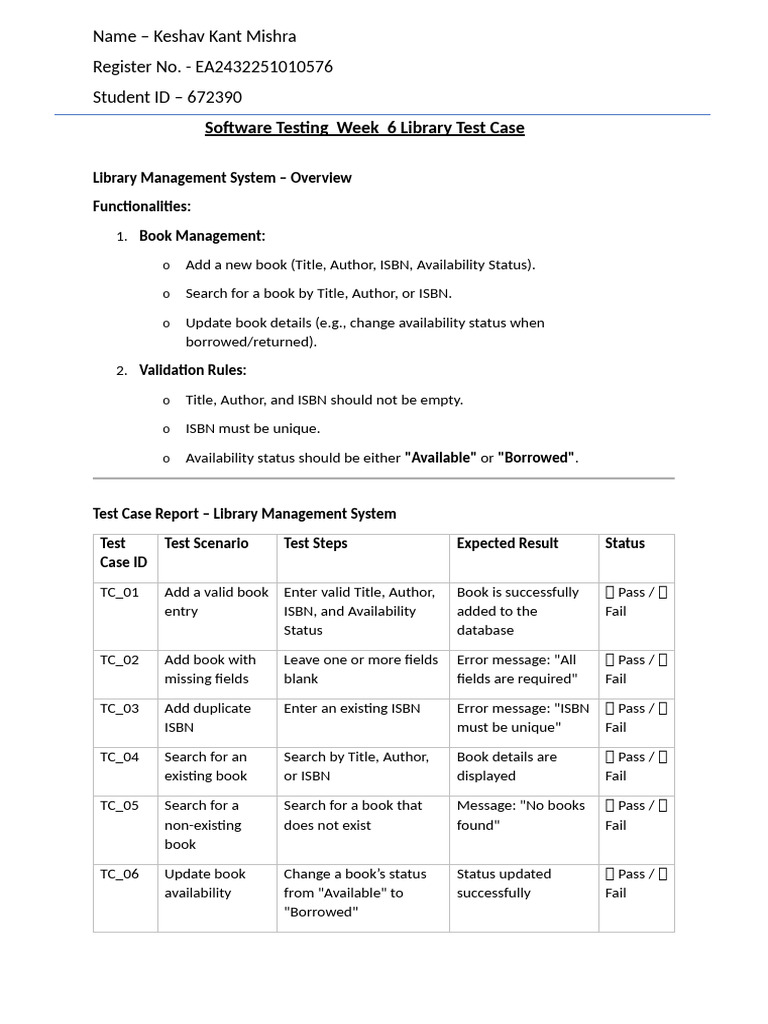 Library Test Case Week6 | PDF | Software Testing | Computer Science