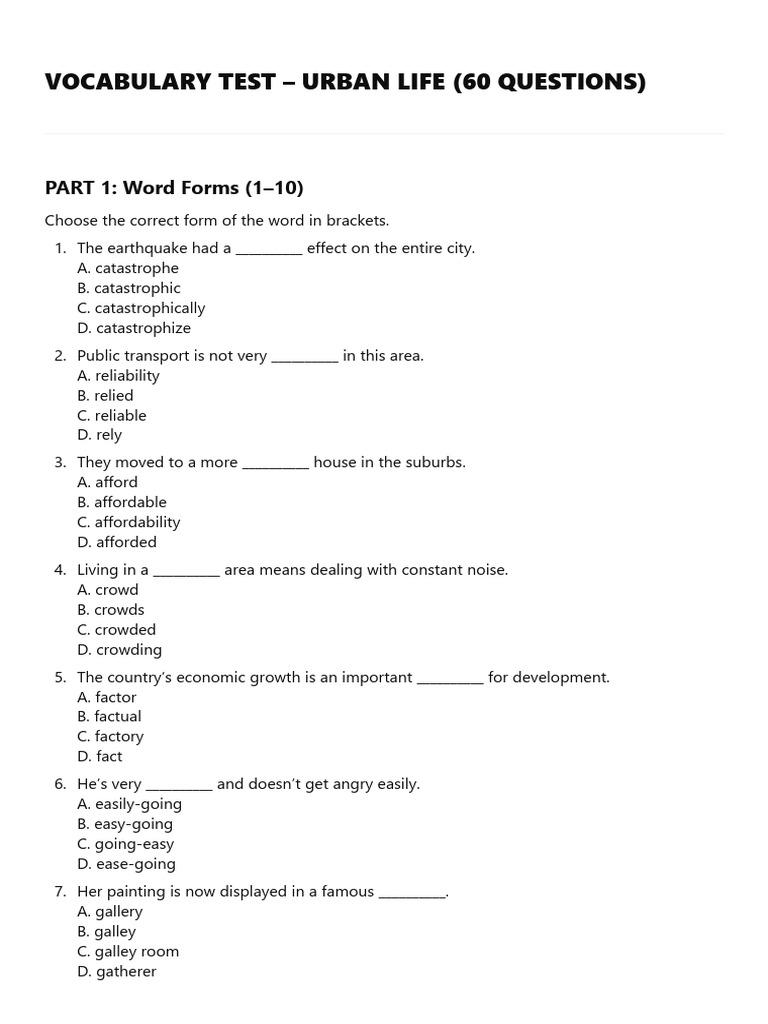 Urban Life Vocabulary Test: 60 Questions | PDF | Cost Of Living | Transport