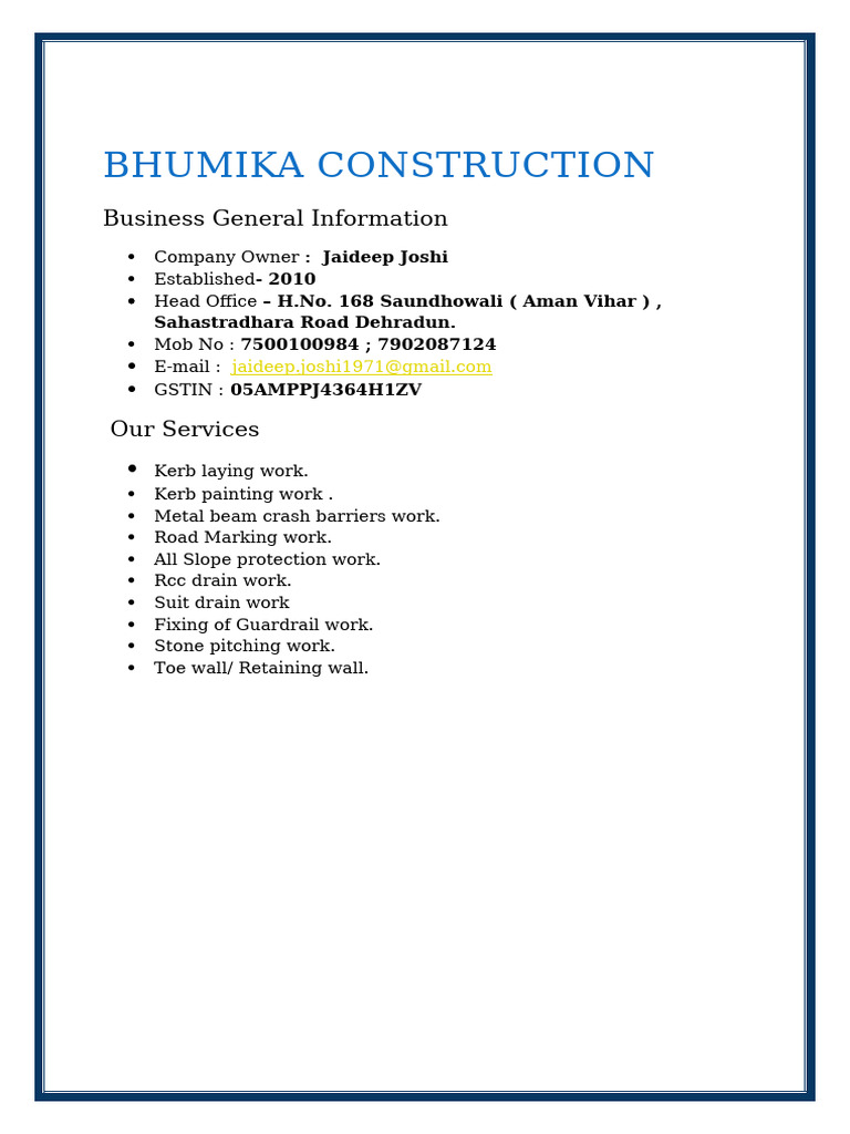 Bhumika Construction Business Profile-1 | PDF