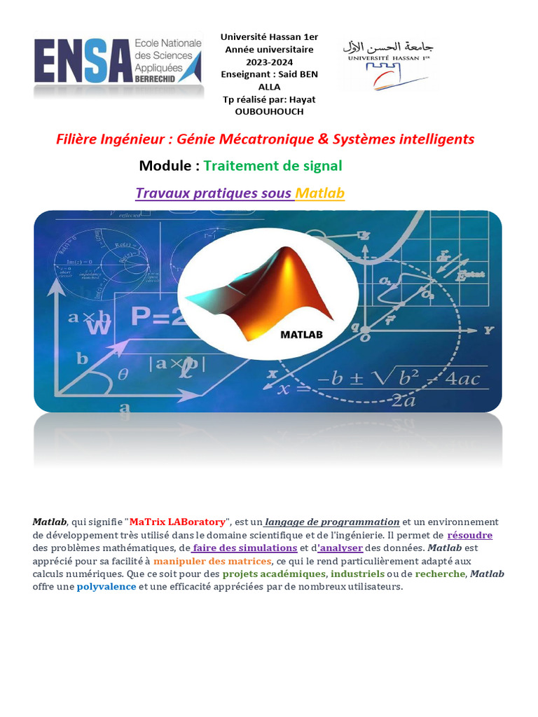 TP Traitement de Signal sous Matlab | PDF | Filtre (électronique ...