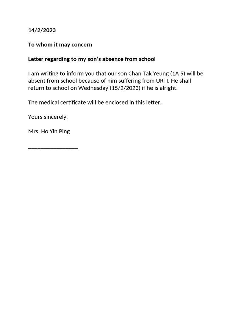 School Absence Notification for Chan Tak Yeung | PDF