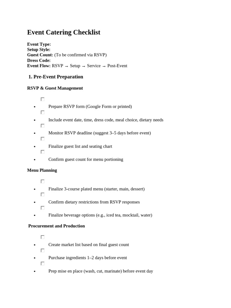 Event Catering Checklist | PDF | Tableware | Menu