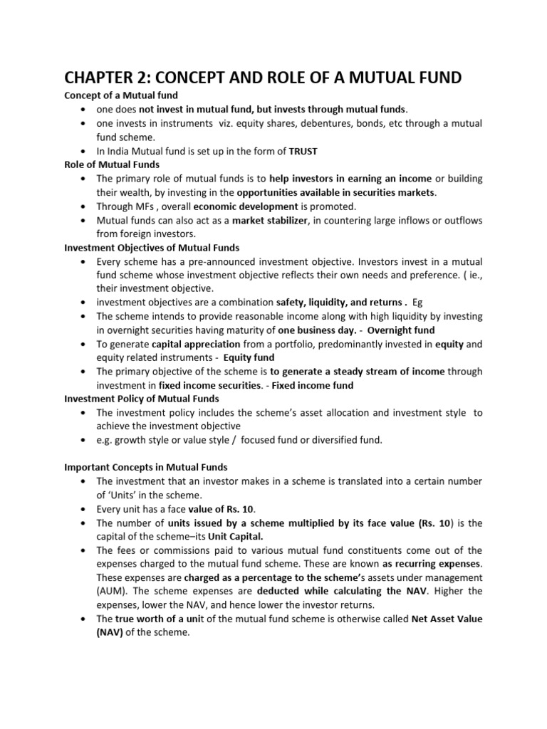 Chapter 2 - Concept and Role of A Mtual Fund | PDF | Investment Fund ...