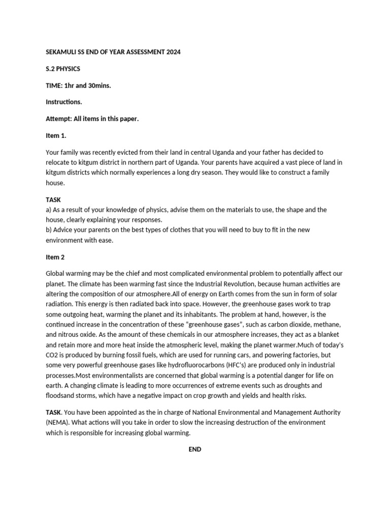 S.2 Phy Assessment 2024 | PDF