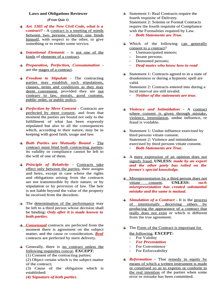 Laws and Obligations Reviewer | PDF | Misrepresentation | Annulment