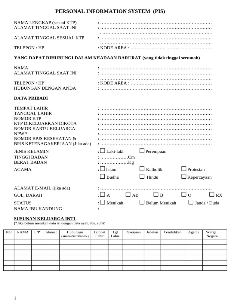 Personal Information System (Pis) Data Diri | PDF